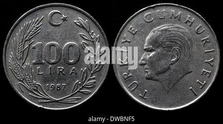 The obverse side of a 100 Turkish Lira banknote, displaying the ...
