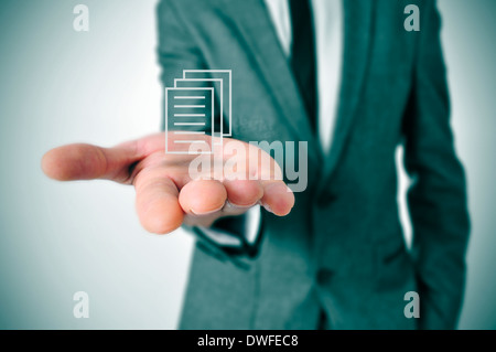 Businessman man holding a document icon in his hand Document Management ...