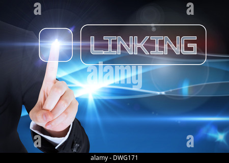 Businesswomans finger touching linking button against abstract white ...