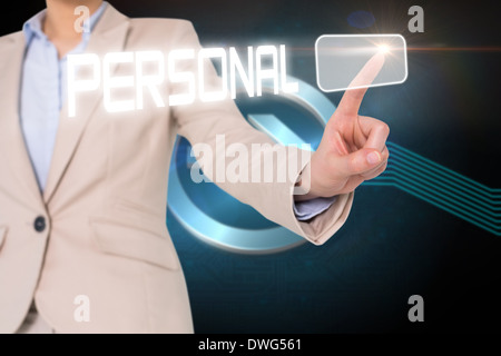 Hand of businesswoman touching glowing icon on screen and office at ...