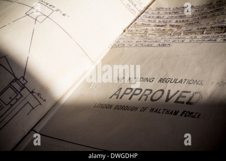 Approved stamp on building regulation plans document, United Kingdom ...