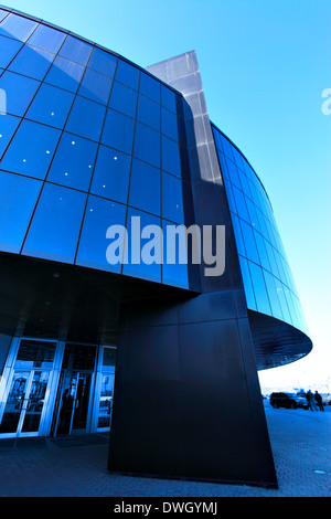 Modern office building facade close-up with minimalist vertical frames ...