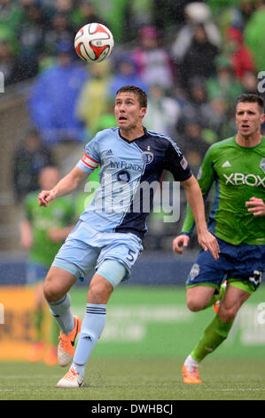 Seattle, USA. 8th March, 2014. Sporting KC defender Aurelien Collin #78 ...