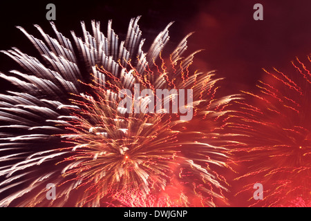 The bright fireworks in the night sky with half moon Stock Photo - Alamy