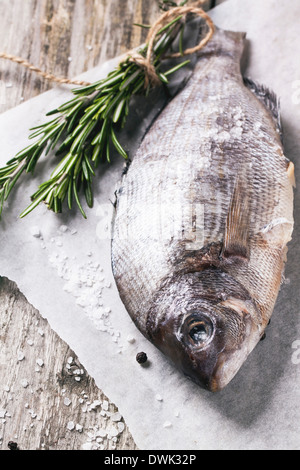 Raw Sea bream or dorado sea fish with spices and herbs on a cutting ...
