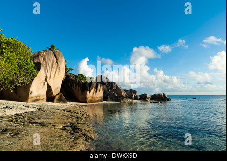 Anse Source d'Argent beach, La Digue Island, Seyshelles, Drone aerial ...