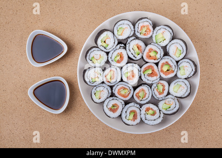 Sushi Set rolls with soy sauce served on gray stone slate Stock Photo ...