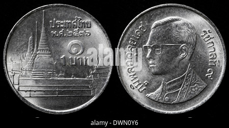 Reverse side of 1 one Baht Thai coin features Crowned monogram, 1 Baht ...