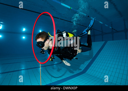 Dive training, scuba diver in a swimming pool, Nuremberg, Bavaria ...