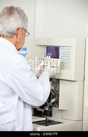 A senior man scientist analyzing samples using a microscope in a ...