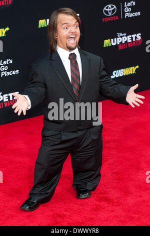 Dylan Postl/Hornswoggle attends the premiere of Disney's 'Muppets Most ...