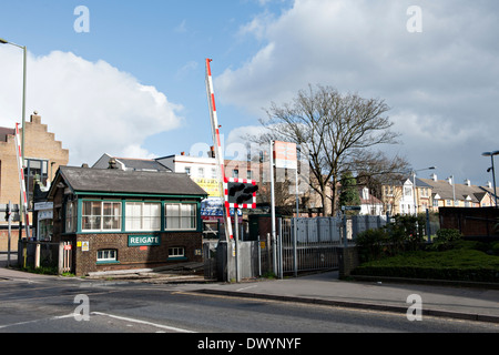 Reigate railway road crossing, signalbox and station Surrey, UK Stock ...