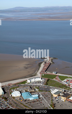 aerial view of Morecambe town and seafront, sea defences and beaches in ...
