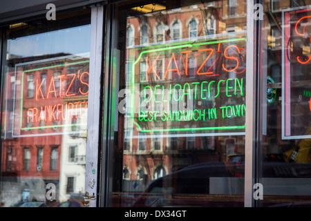 Neon sign in the window of Katz's Deli says frankfurters are on offer ...