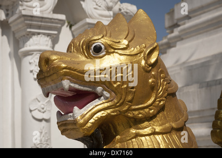 Myanmar, Burma, Yangon. A statue of the mythical creatures Kannari and ...