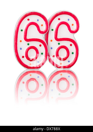 Sixty-six years birthday. Number 66 golden celebration candle. Yellow ...