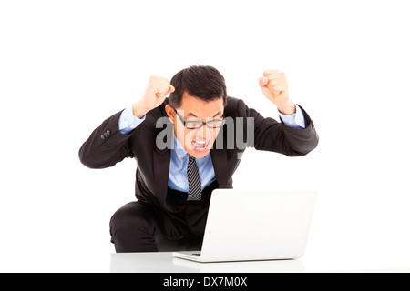 happy businessman raise his hands to yell Stock Photo - Alamy