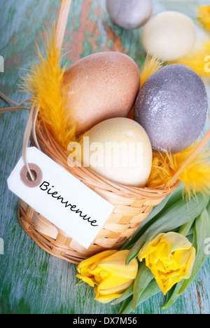 The French Word Bienvenue, which means Welcome, written on a label as ...