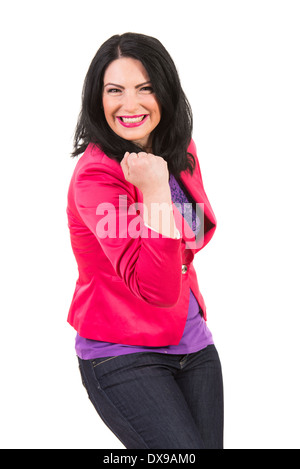 Portrait of excited extremely happy woman with red lips standing ...