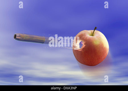 digital visualization: bullet shots through an apple Stock Photo - Alamy