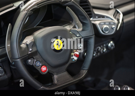 Hi-tech steering wheel of a Ferrari sportscar on display at the Zurich ...