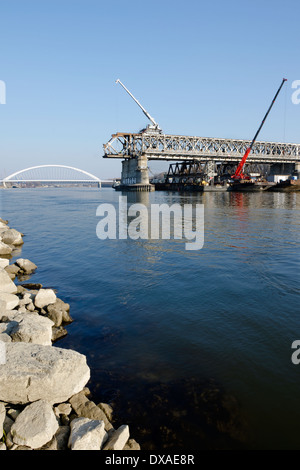 Old bridge stary most and Apollo bridge, Danube river, Bratislava ...
