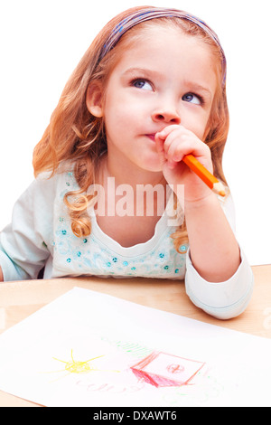 Child girl drawing with coloring pens paintind. Portrait of adorable ...