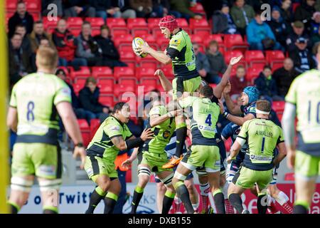 Salford, UK. 22nd Mar, 2014. Sale Sharks scrum-half Will Cliff during ...