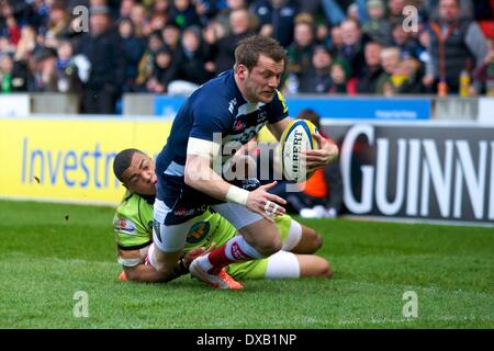 Salford, UK. 22nd Mar, 2014. Sale Sharks wing Mark Cueto during the ...