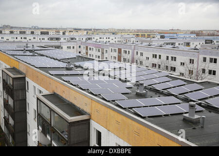 View of Germany's largest solar energy project on the flat roofs of the ...