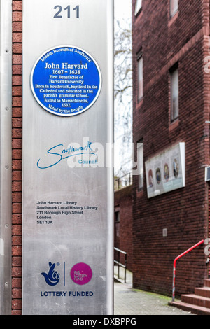 Blue plaque to John Harvard, outside John Harvard Library on Borough ...