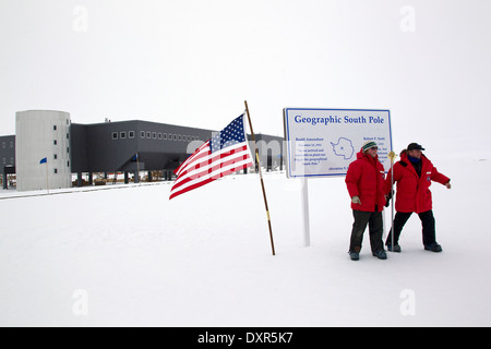 Geographic South Pole of the Earth in Antarctica. Sign with a map of ...