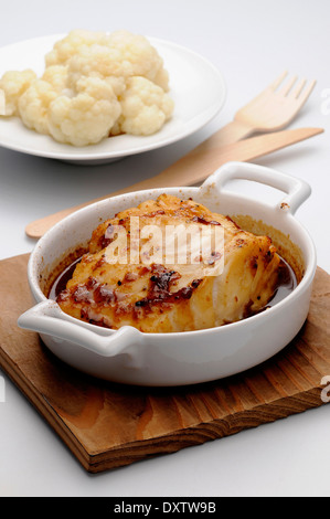 Piece of cod caramelized with miso ,cauliflower Stock Photo - Alamy