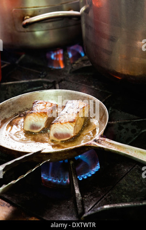 Pan-frying fish steaks Stock Photo - Alamy