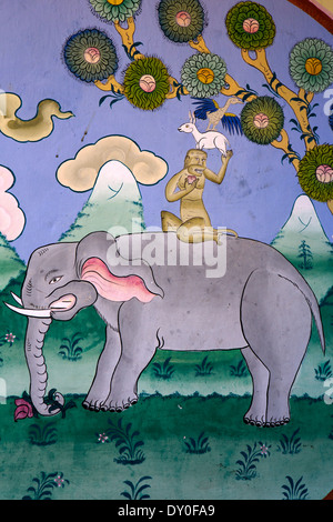 Wall painting, the four friends, Bhutan Stock Photo - Alamy