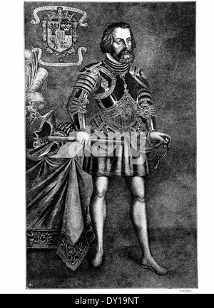 Spanish conquistador and explorer Hernando Cortes. Hand-colored woodcut ...