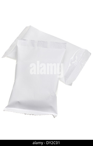 Two white paper sachets isolated on pink background. Top views with ...