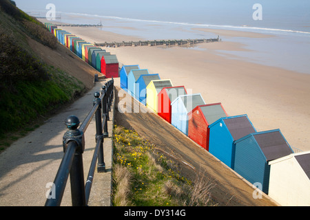 Colourful beach huts, wide sandy beach and sea, Mundesley, Norfolk ...