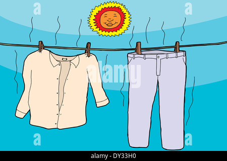 Damp clothes on clothesline drying under smiling sun Stock Photo - Alamy
