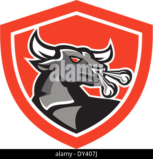 Illustration of an angry raging bull head facing front set inside crest ...