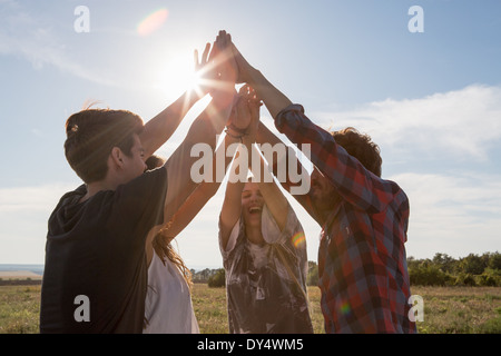 Four friends holding hands with arms raised Stock Photo - Alamy