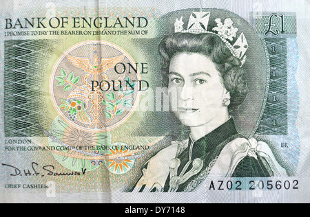 A one pound £1 bank note of English currency on a white background ...