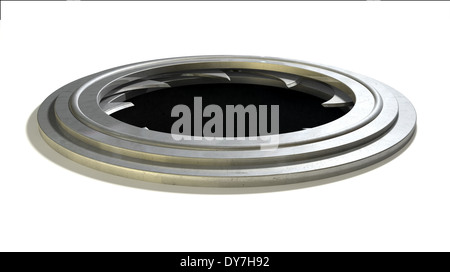 A futuristic round mechanical portal with a sphincter type mechanism on ...