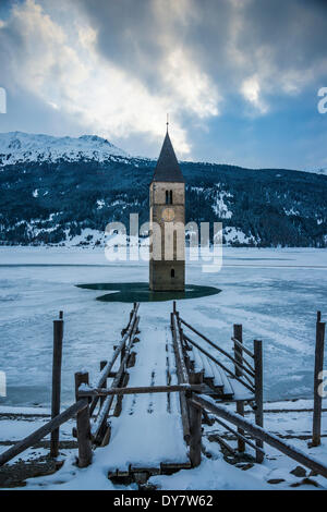 Church tower in Lake Reschen with low water level, Reschenpass, South ...