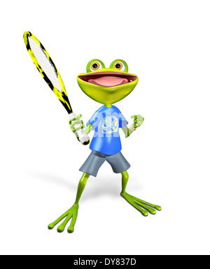 illustration a merry green frog tennis player Stock Photo - Alamy