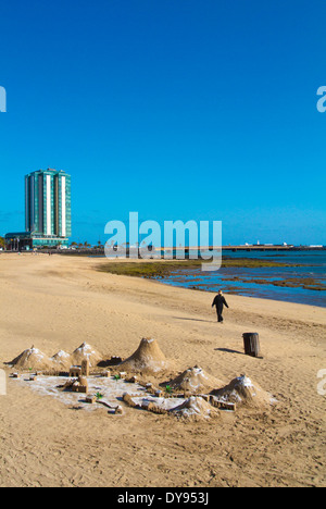 Playa del Reducto Beach and Arrecife skyline, Lanzarote, "Canary ...