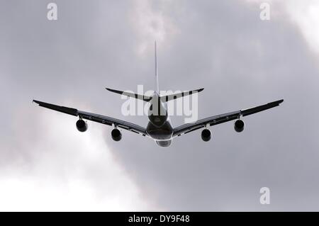 Silhouette of Airbus A380 from underneath flying overhead, the largest ...