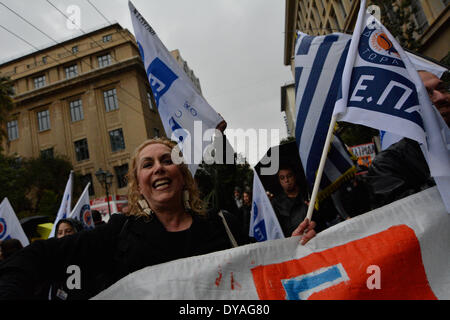 Athens, Greece, April 11th, 2014. People march shouting slogans against ...