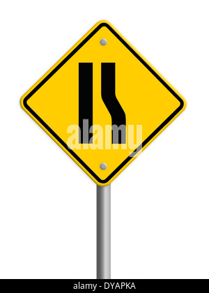 Road narrows merge right sign isolated on a white background, part of a ...