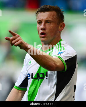 Wolfsburg, Germany. 12th Apr, 2014. Wolfsburg's Ivica Olic celebrates ...